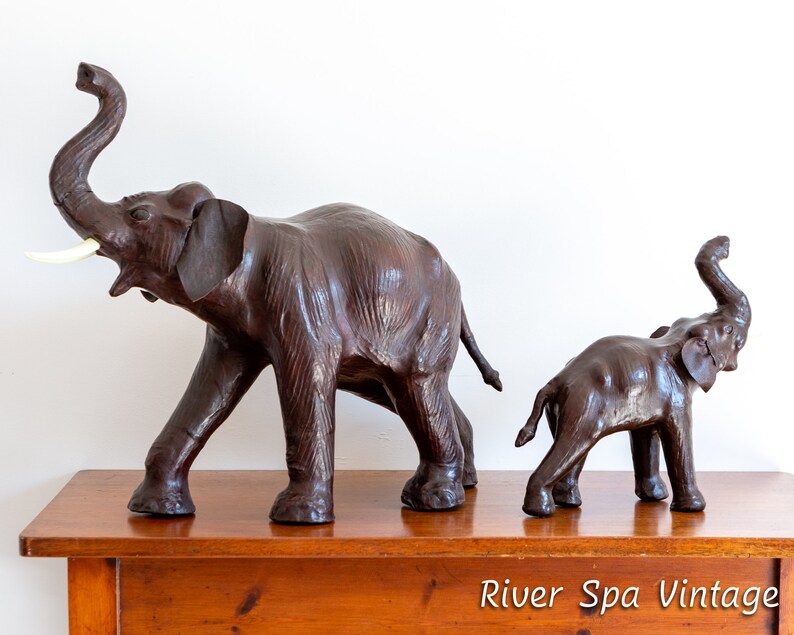 Pair of Vintage Mother and Baby Leather Elephant Statues Figurines ...