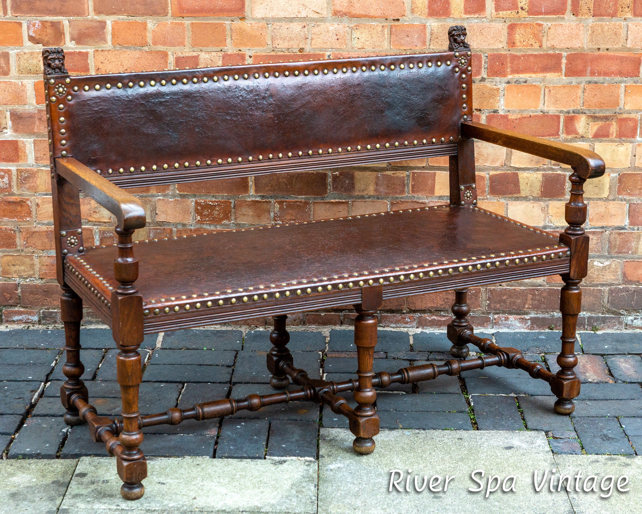 Antique Spanish Studded Leather Bench Oak Studded Brass Colonial ...