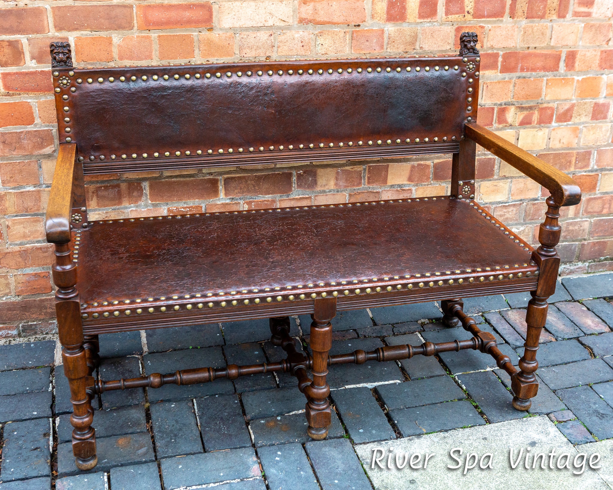 Antique Spanish Studded Leather Bench Oak Studded Brass Colonial ...