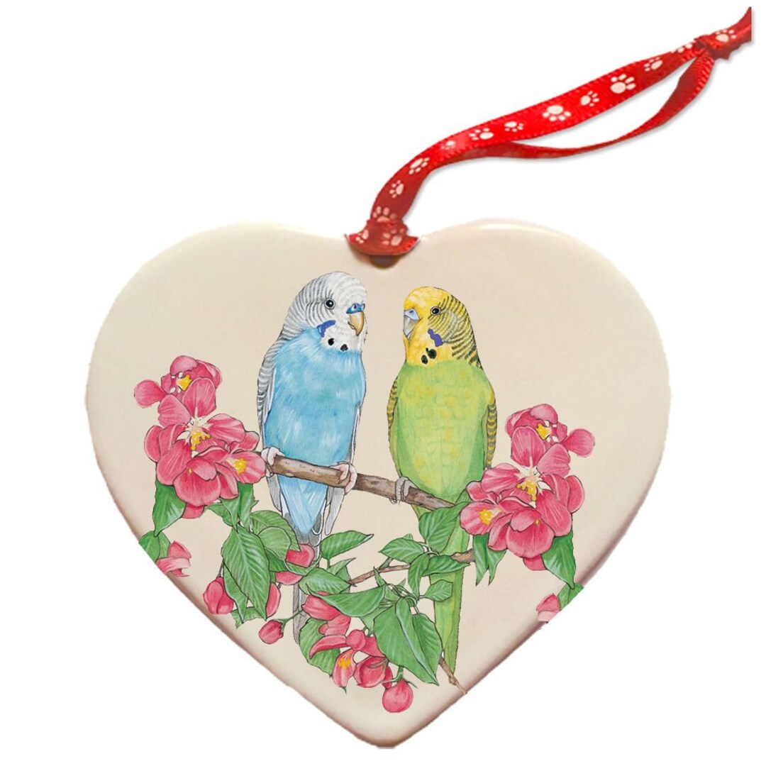 Parakeet Budgie Parrot Bird Porcelain Pet Gift Heart Ornament Double ...