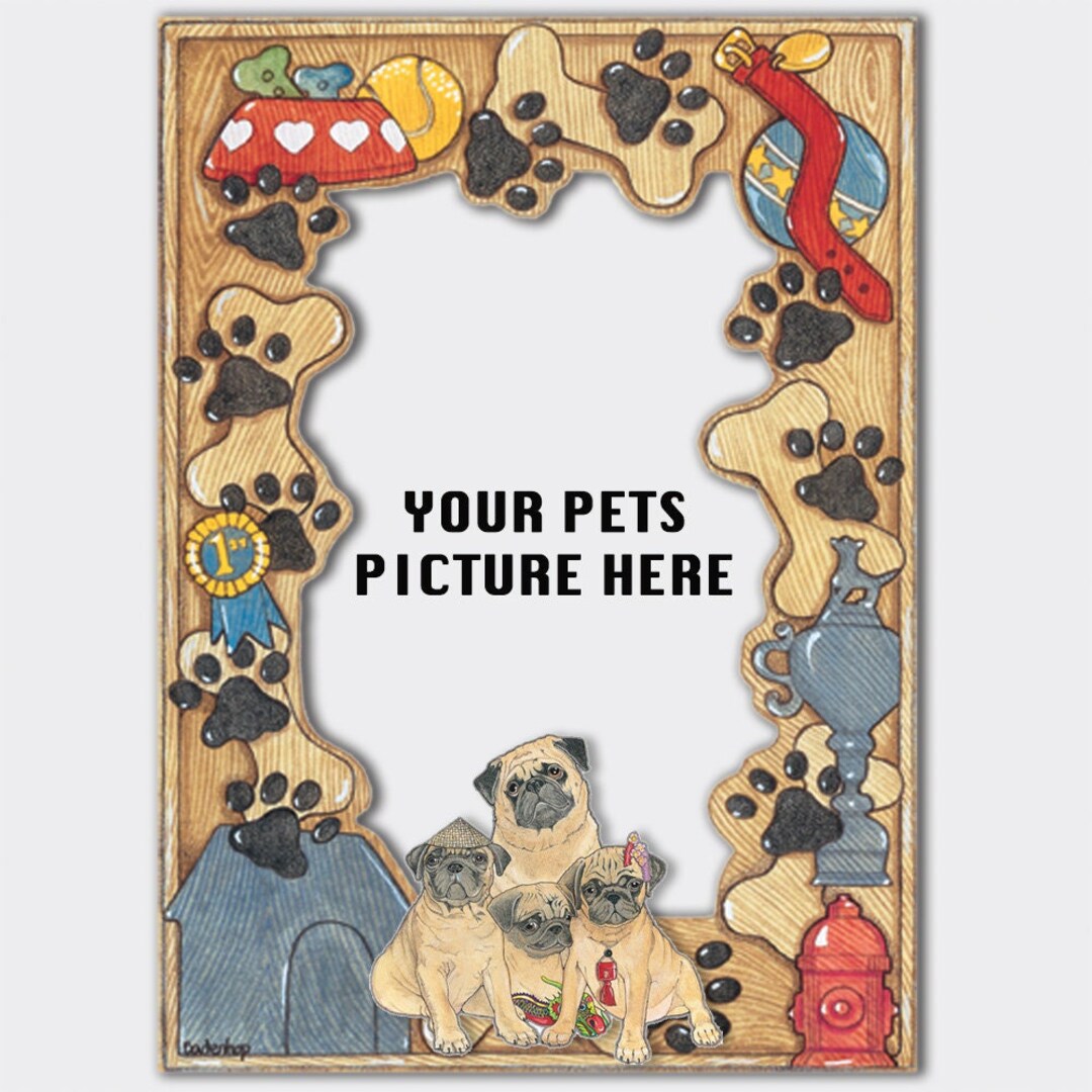 Pug Wooden Picture Frame Die-cut 2-dimensional 5” X 7” Holds 4" X 6 ...