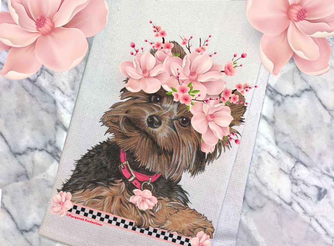 Decorative Yorkshire Terrier Yorkie Dog Floral Kitchen Dish Towel Pet ...