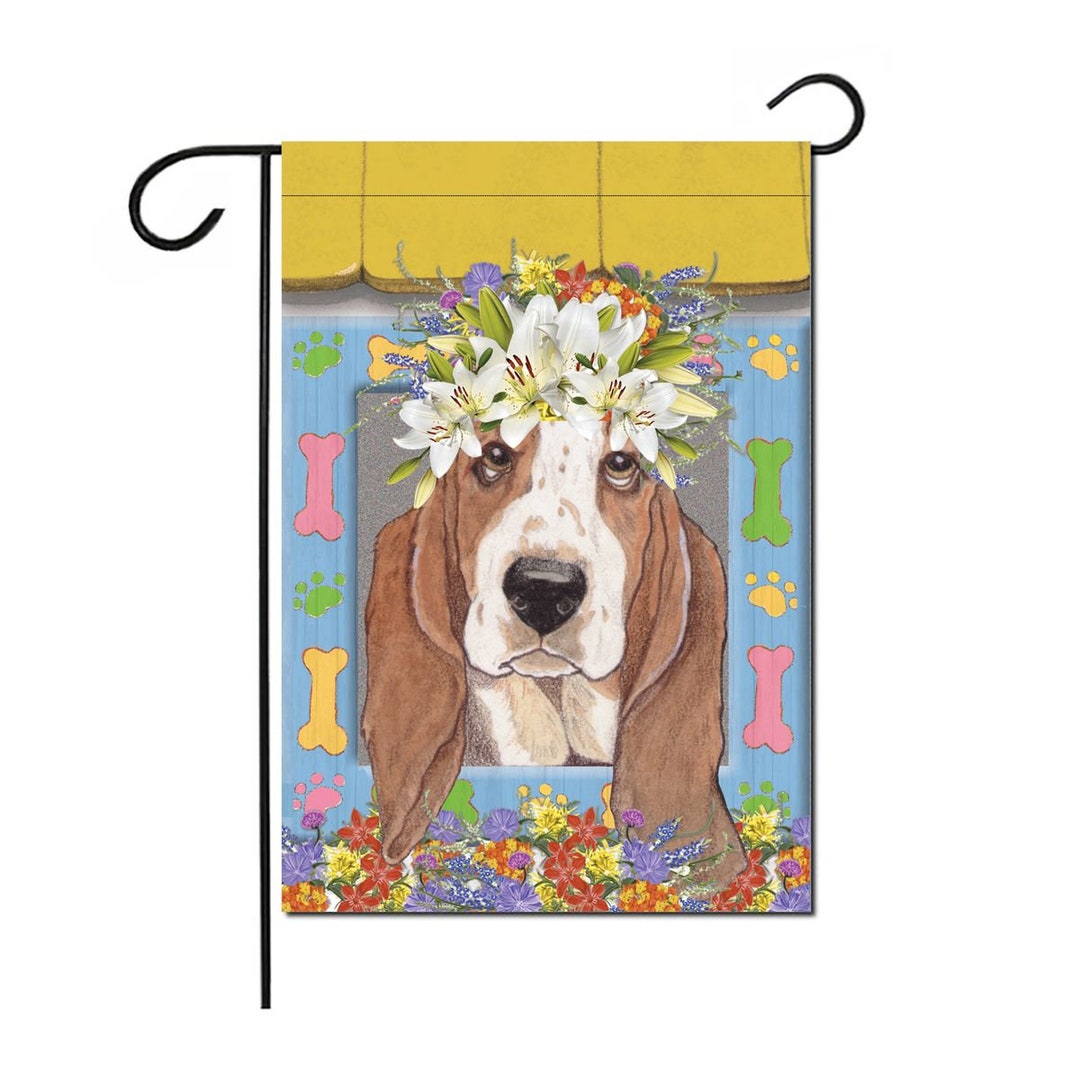 Basset Hound Floral Crown Garden Flag Double Sided 12” X 18” Yard Art ...
