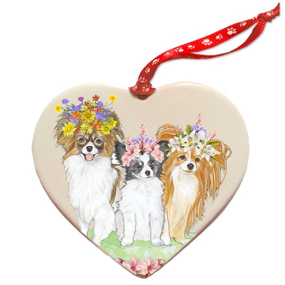 Papillon Dog Porcelain Floral Heart Shaped Ornament Décor Pet | Etsy