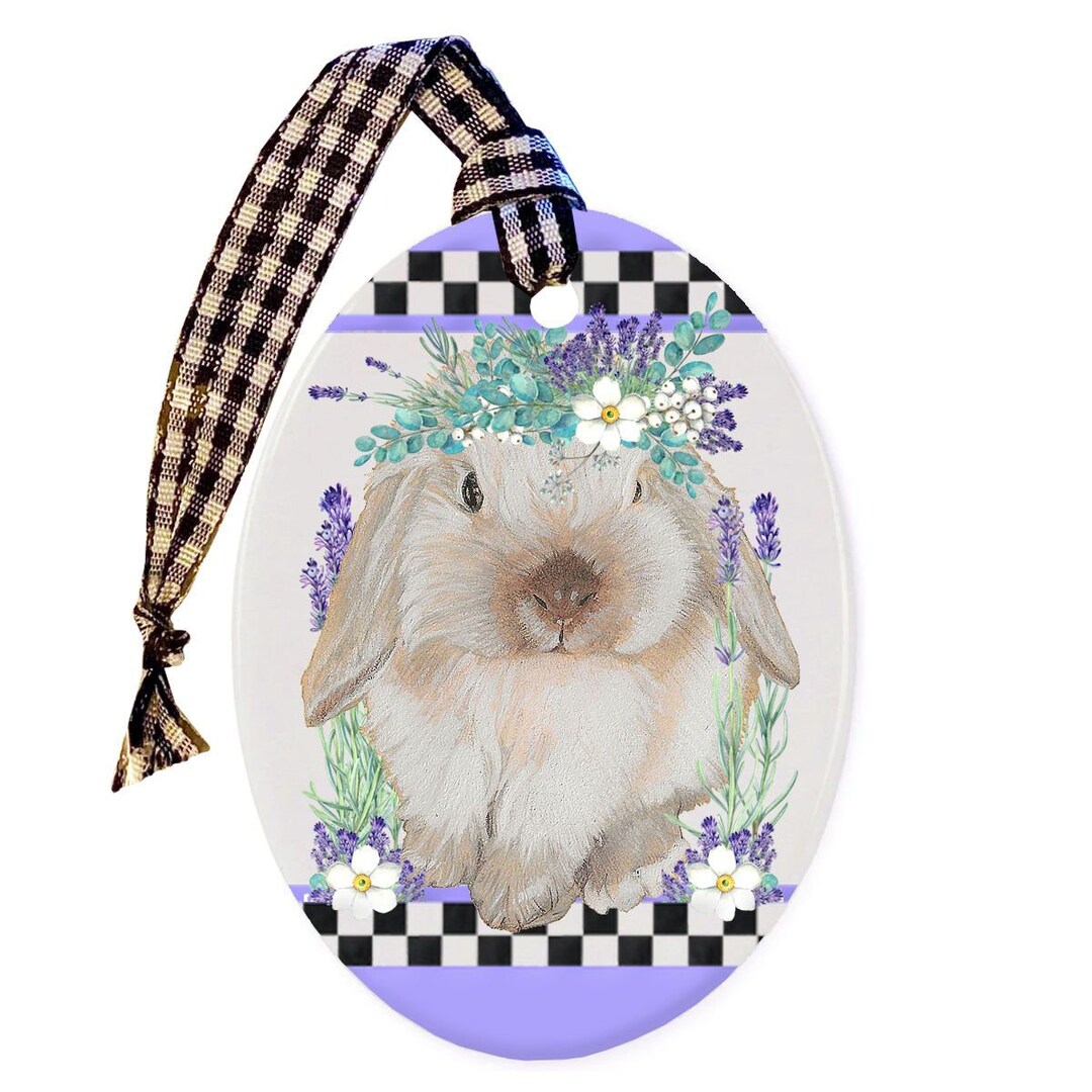 Bunny Floppy Eared Lop Eared Beige Rabbit With Flowers Ceramic Oval ...