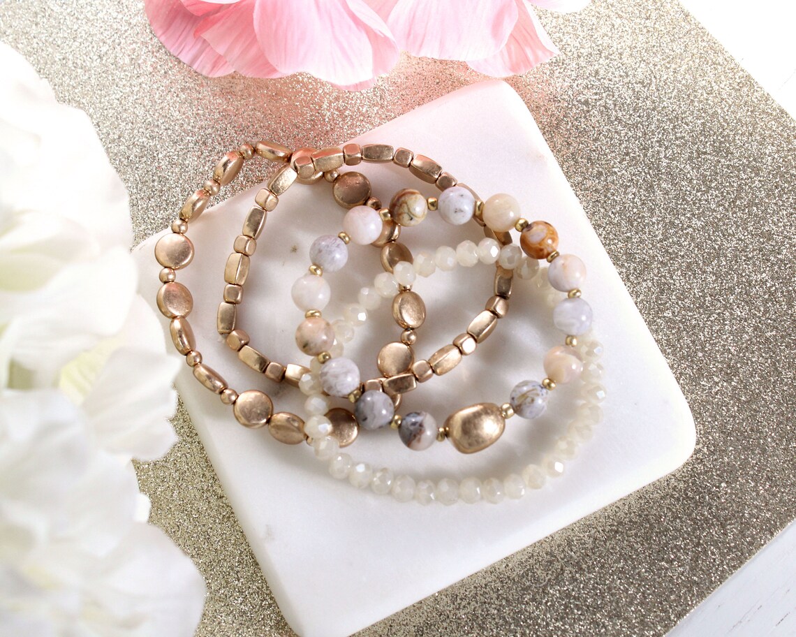 4strand Layering Stackable Crystal Natural Stone Beaded Bracelet Set ...