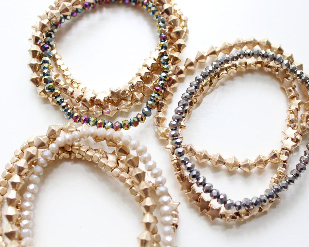 Set of 4 Gold Star Beaded Bracelet. Gold Beaded Bracelet Set. Multi ...