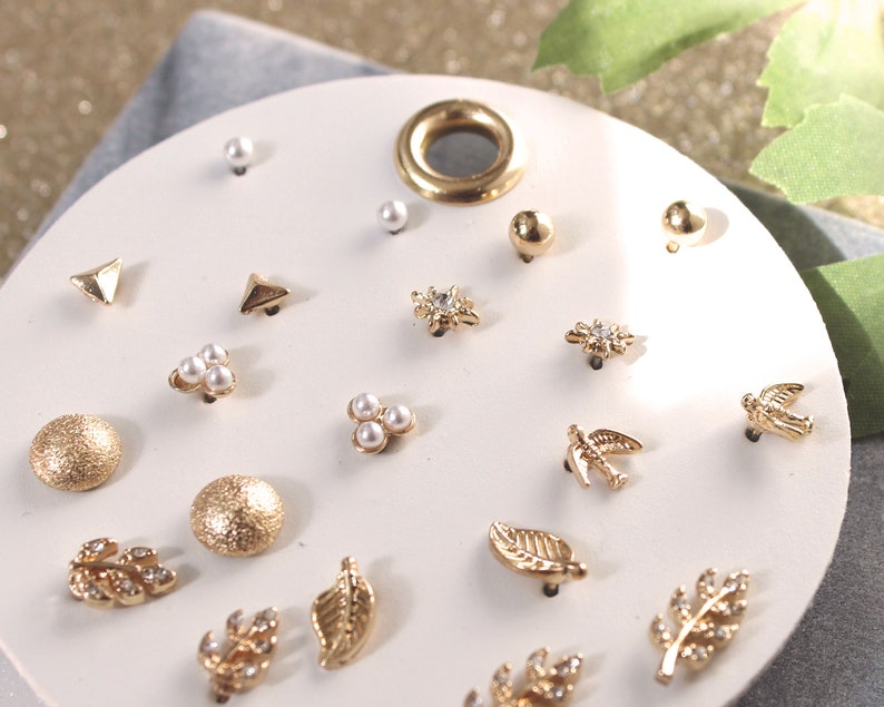 Gold Plated Stud Earring Set: Dainty Celestial, Nature, Geometric (10 ...