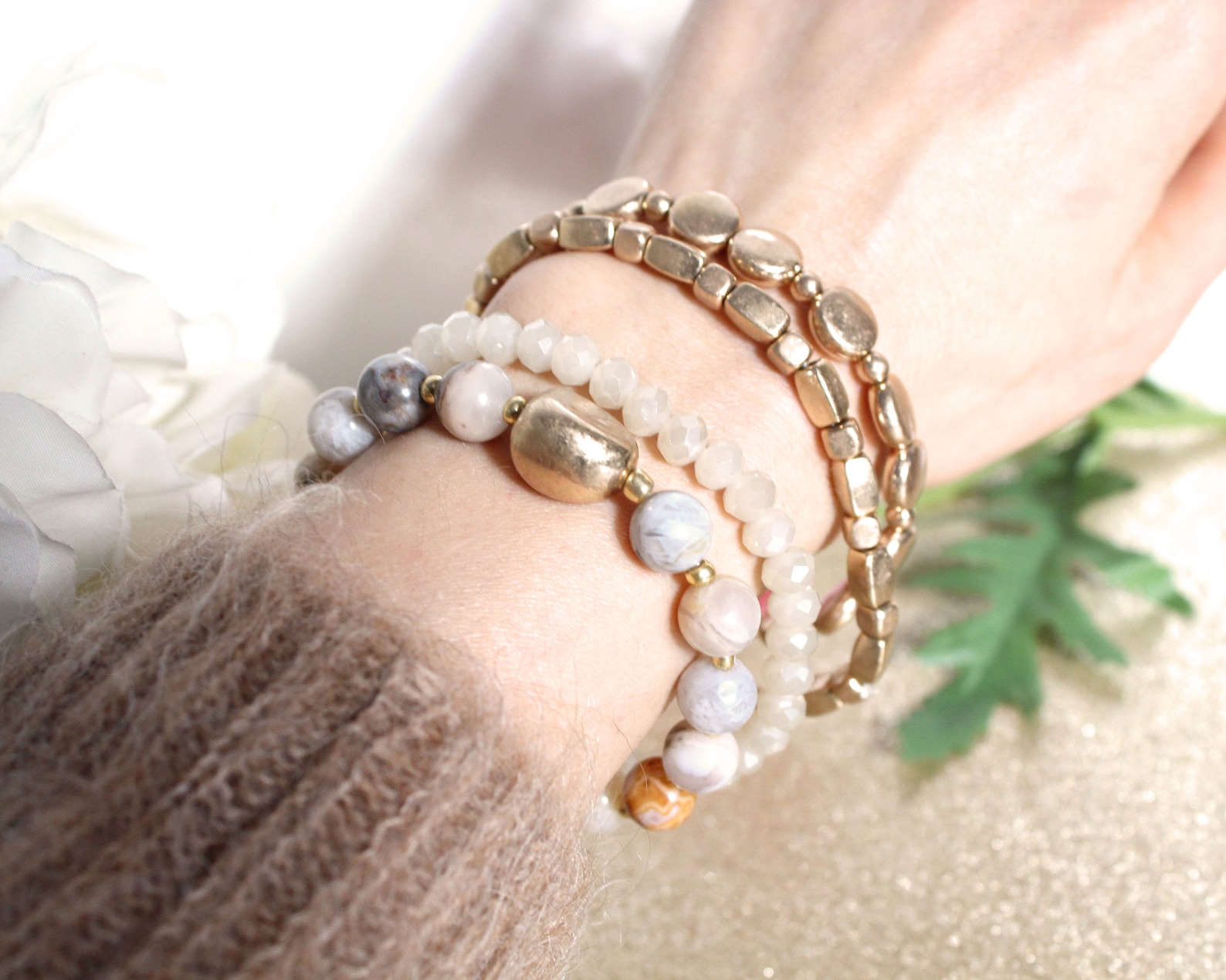 4strand Layering Stackable Crystal Natural Stone Beaded Bracelet Set ...
