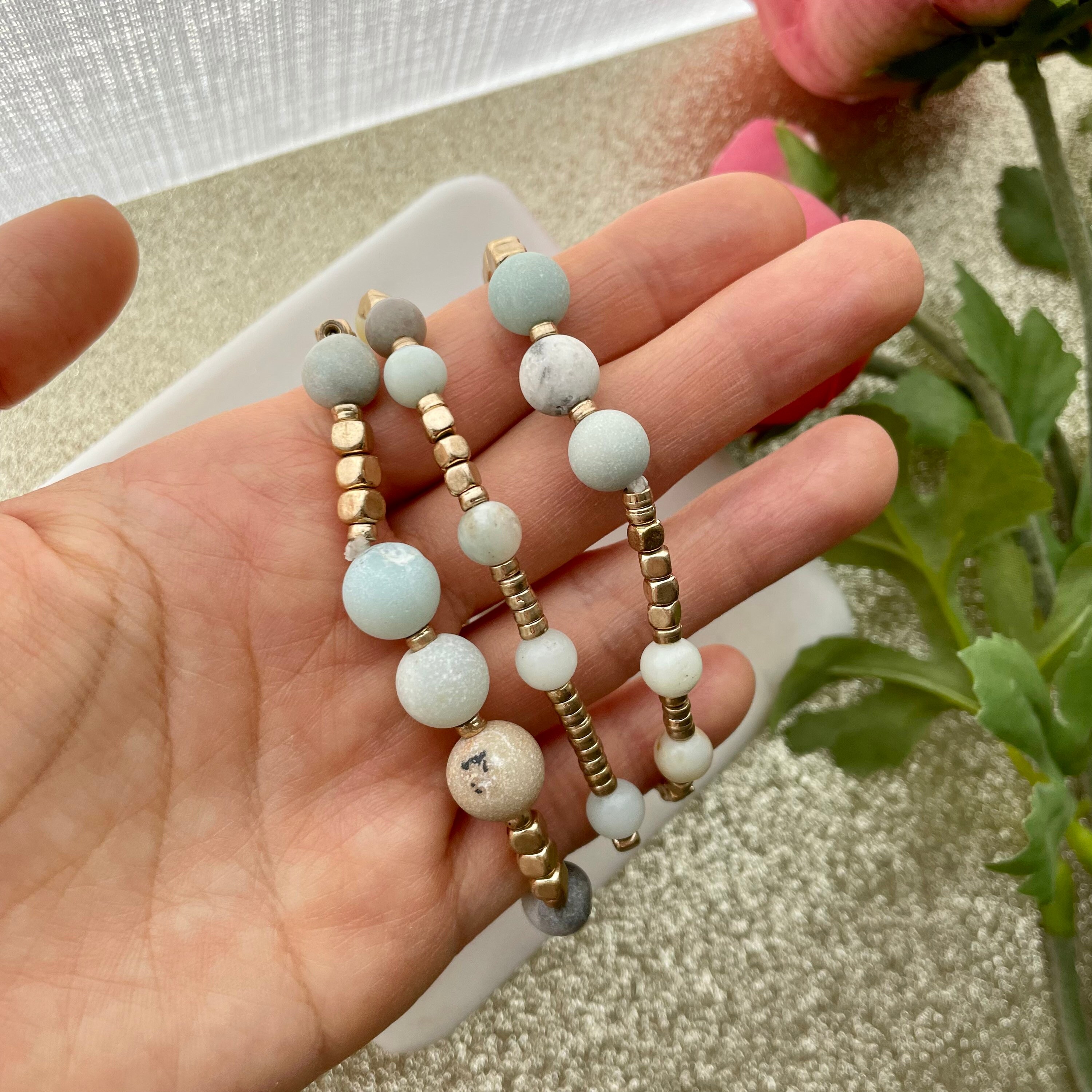 Aqua Gray Stone Gold Beaded Bracelet Set, Boho Hippie Style - Etsy