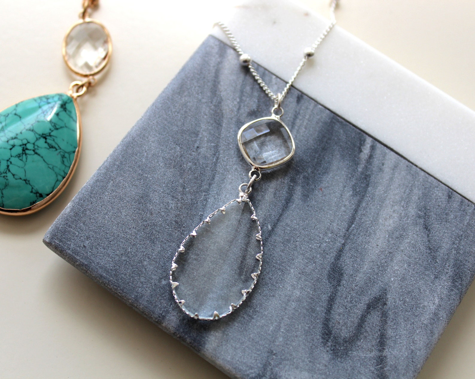 Long Chain Necklace Silver Chrystal Pendant Necklace/ Long - Etsy