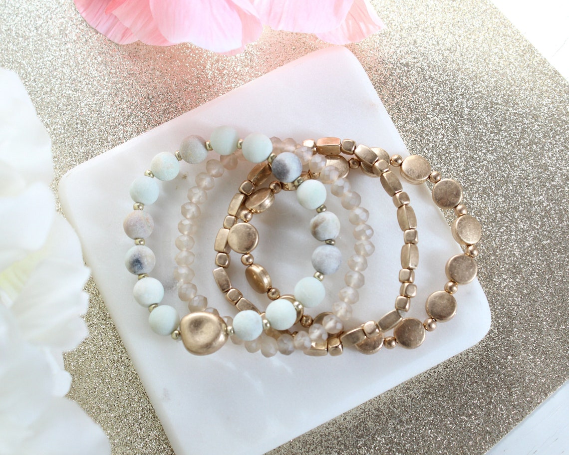 4strand Layering Stackable Crystal Natural Stone Beaded Bracelet Set ...