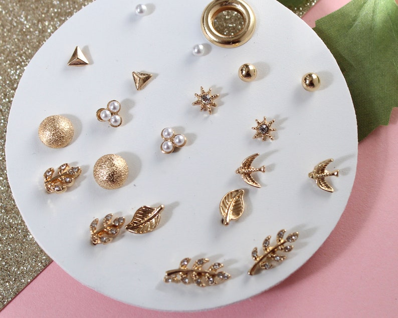 Gold Plated Stud Earring Set: Dainty Celestial, Nature, Geometric (10 ...