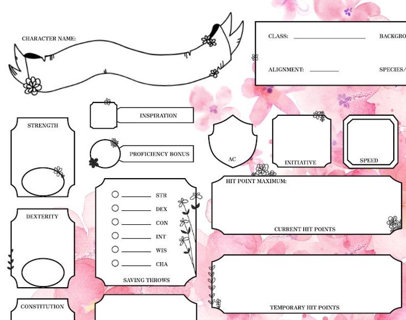 Printable Floral Character Sheet for Ttrpg's - Etsy