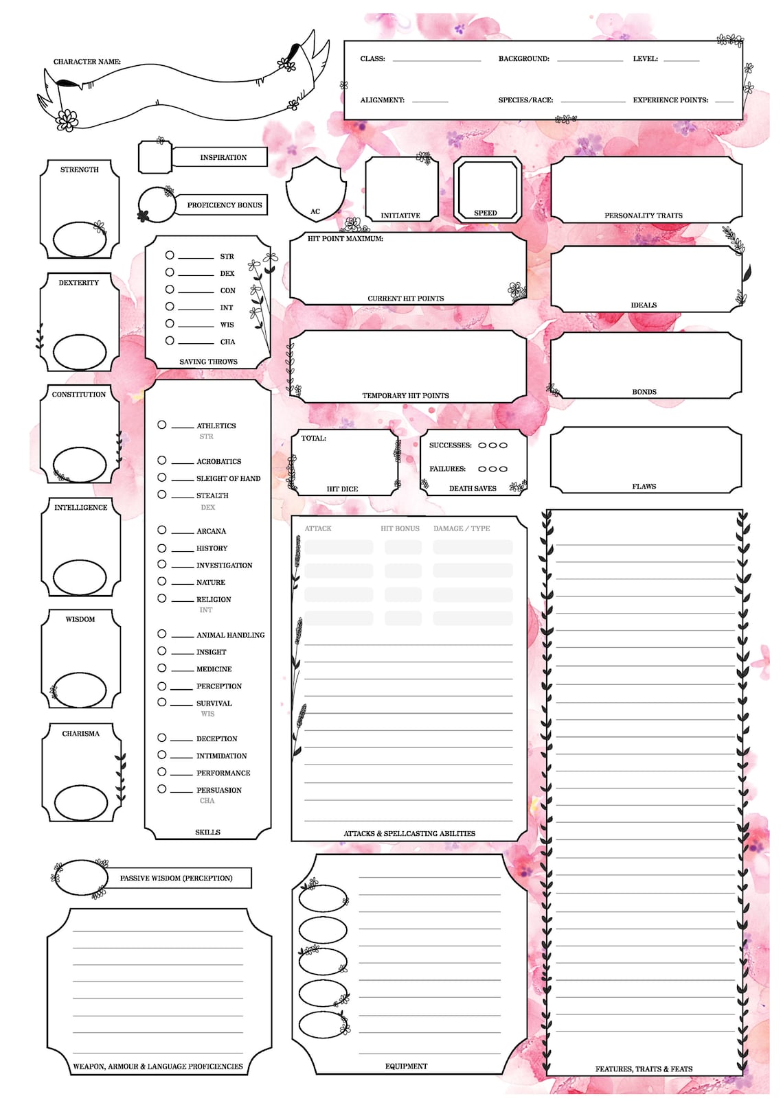 Dungeons and Dragons Character Sheet for Dnd Printable Flower Theme ...