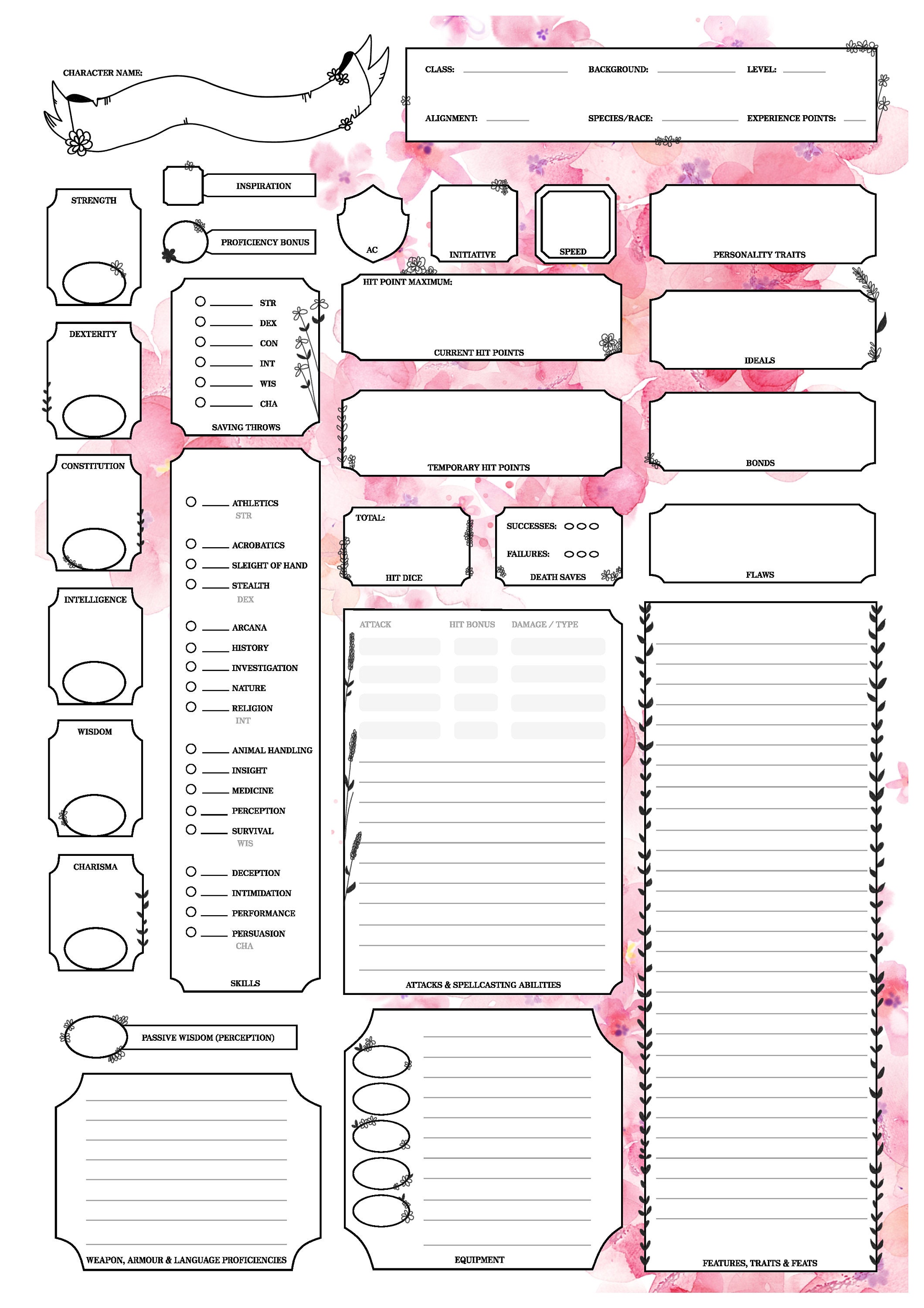 Printable Flower Character Sheet for Dnd, Character Sheet for Players ...