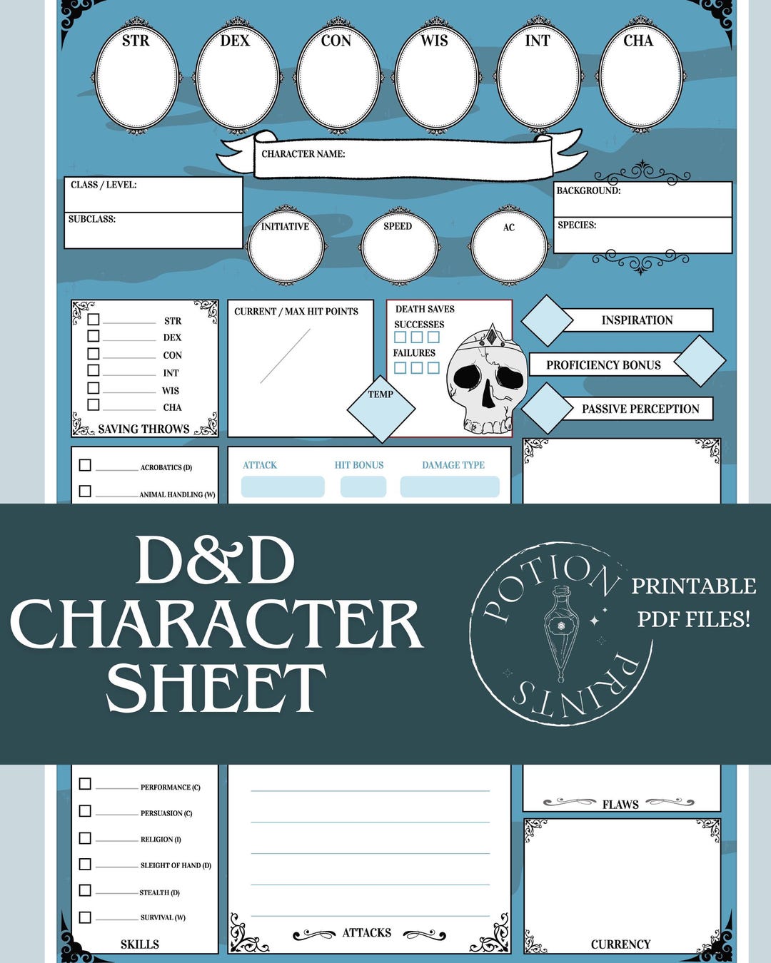 Dungeons and Dragons Character Sheet Printable Dnd5e Custom Design ...