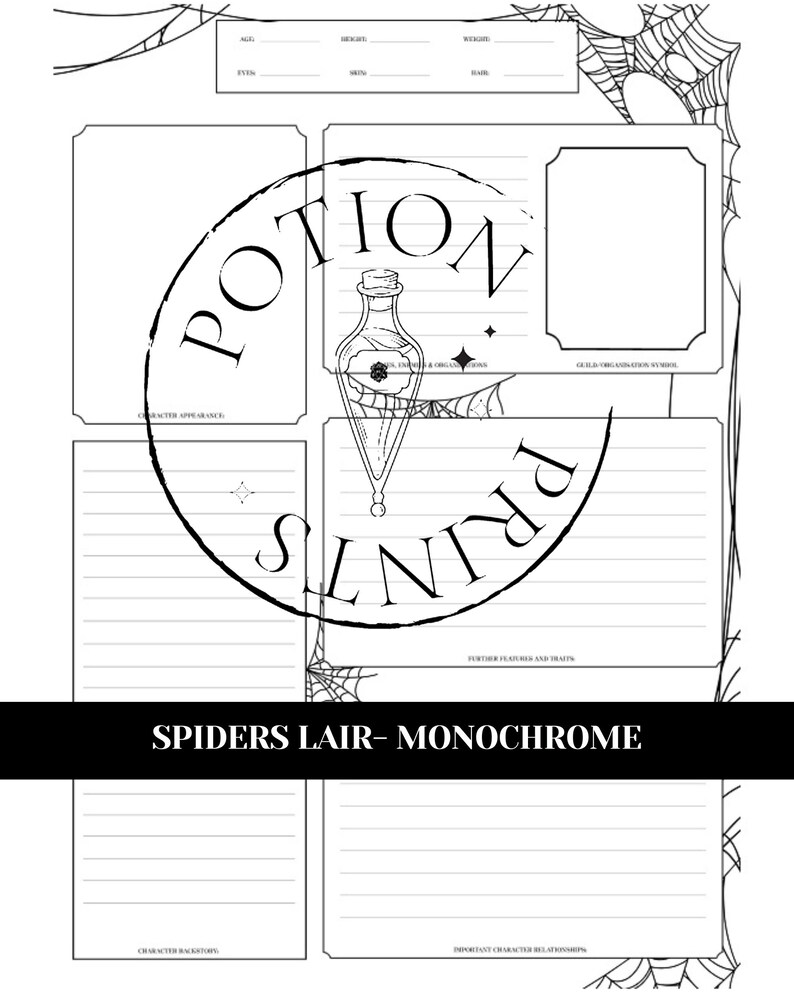 Monochrome Spider Dnd Character Sheet | Printable 4-page PDF | Gothic ...