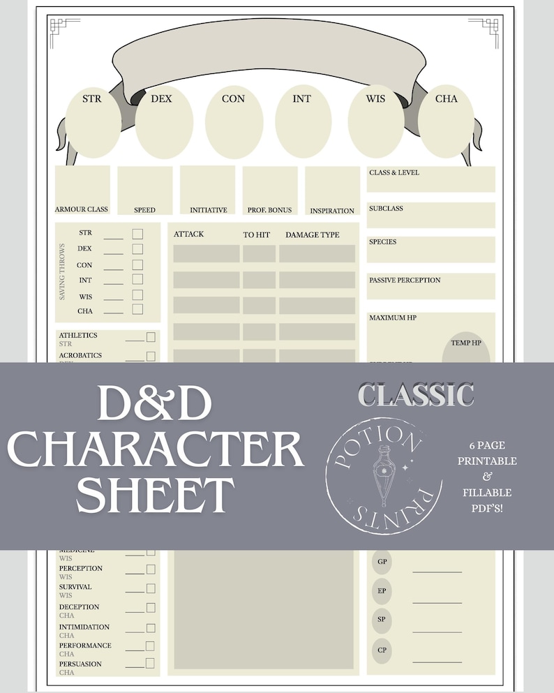 Dungeons & Dragons Character Sheet Printable and Fillable 6 Page Simple ...