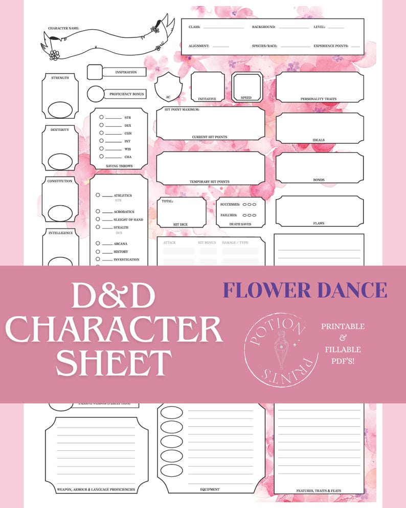 Dungeons and Dragons Character Sheet for Dnd Printable Flower Theme ...