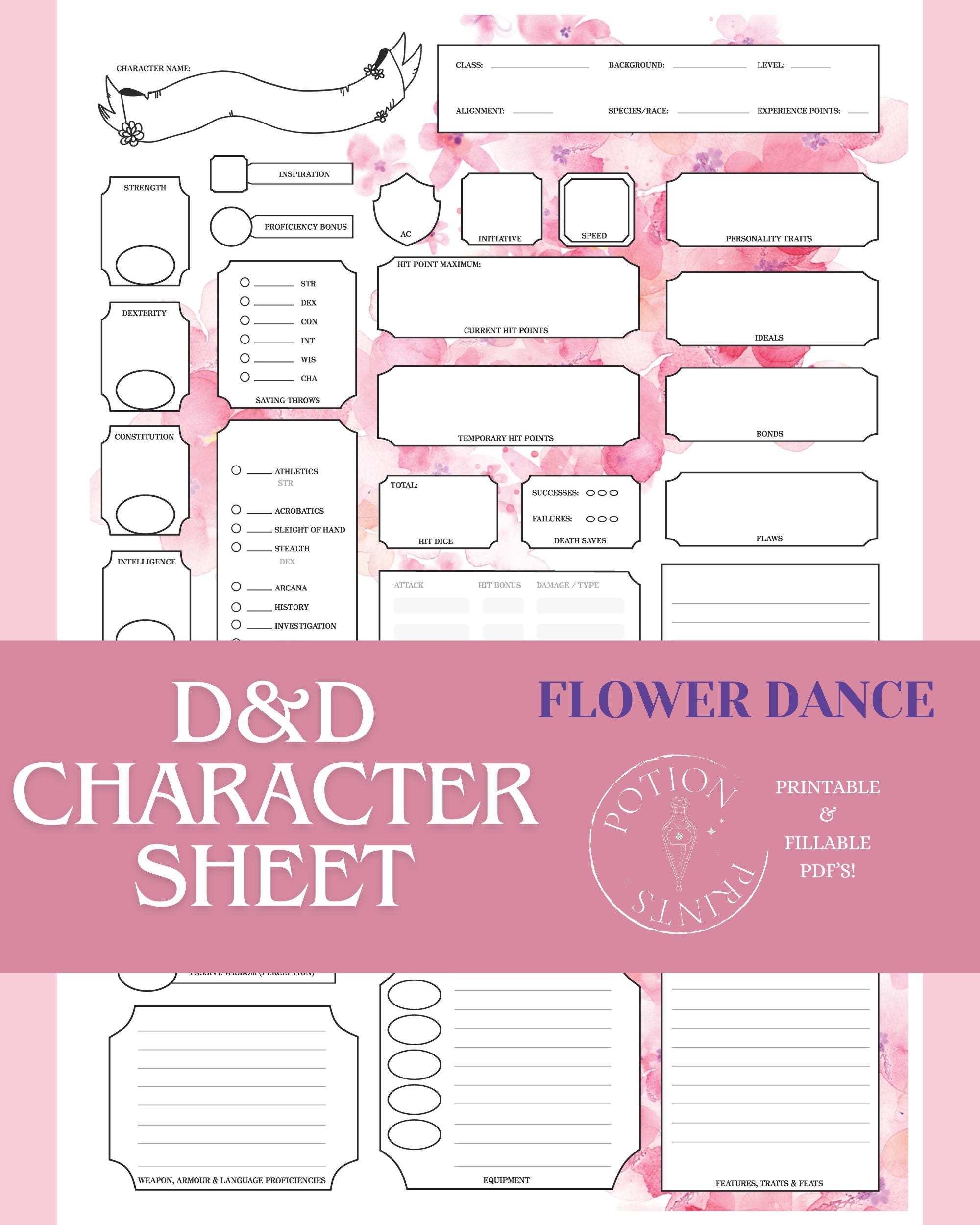 Dungeons and Dragons Character Sheet for Dnd Printable Flower Theme ...