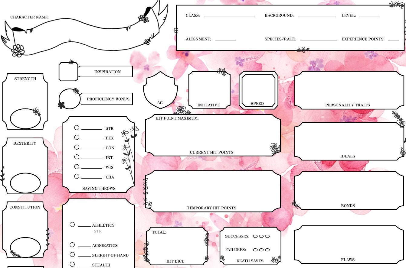 Printable Flower Character Sheet for Dnd, Character Sheet for Players ...
