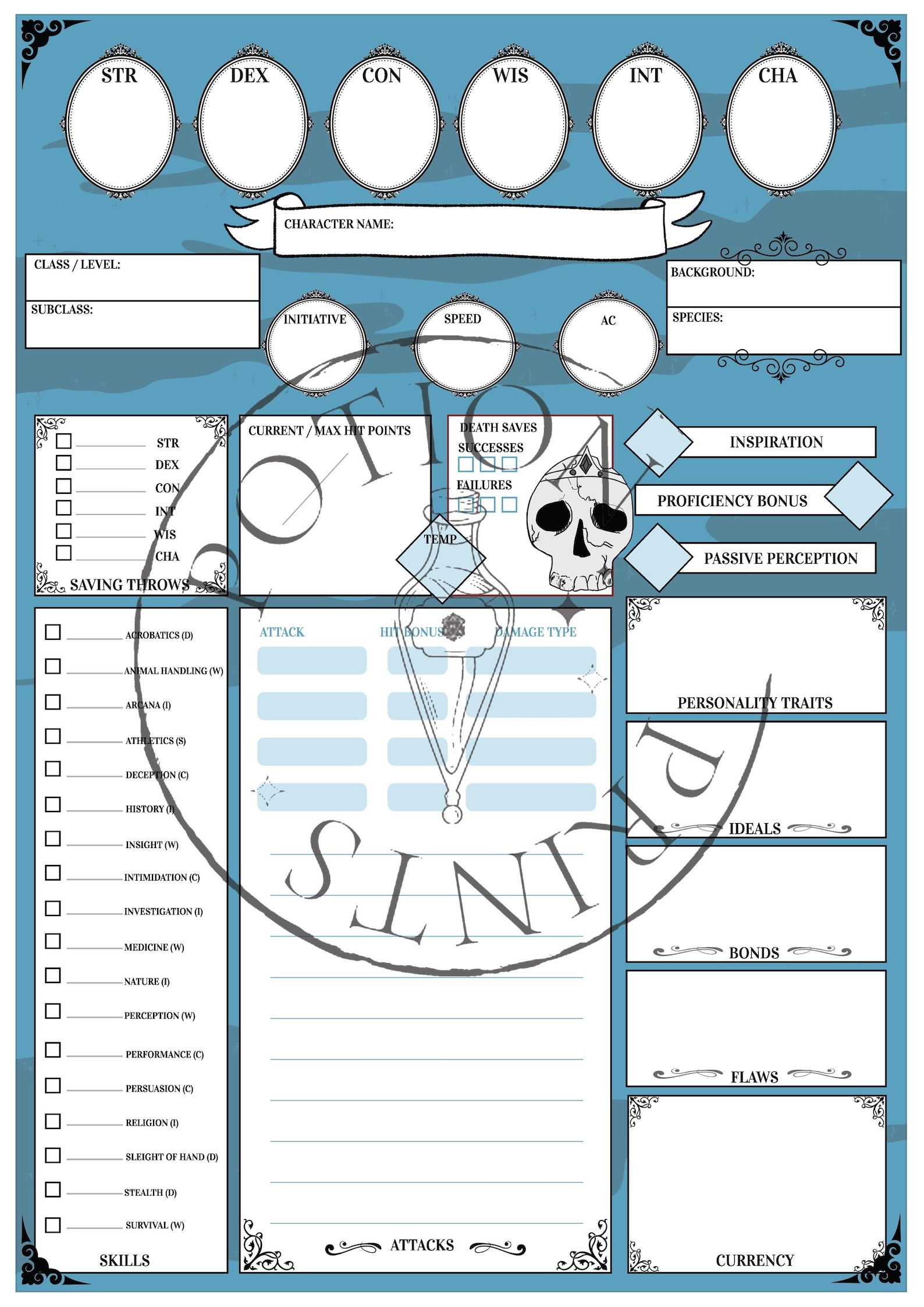 Dungeons and Dragons Character Sheet Printable Dnd5e Custom Design ...