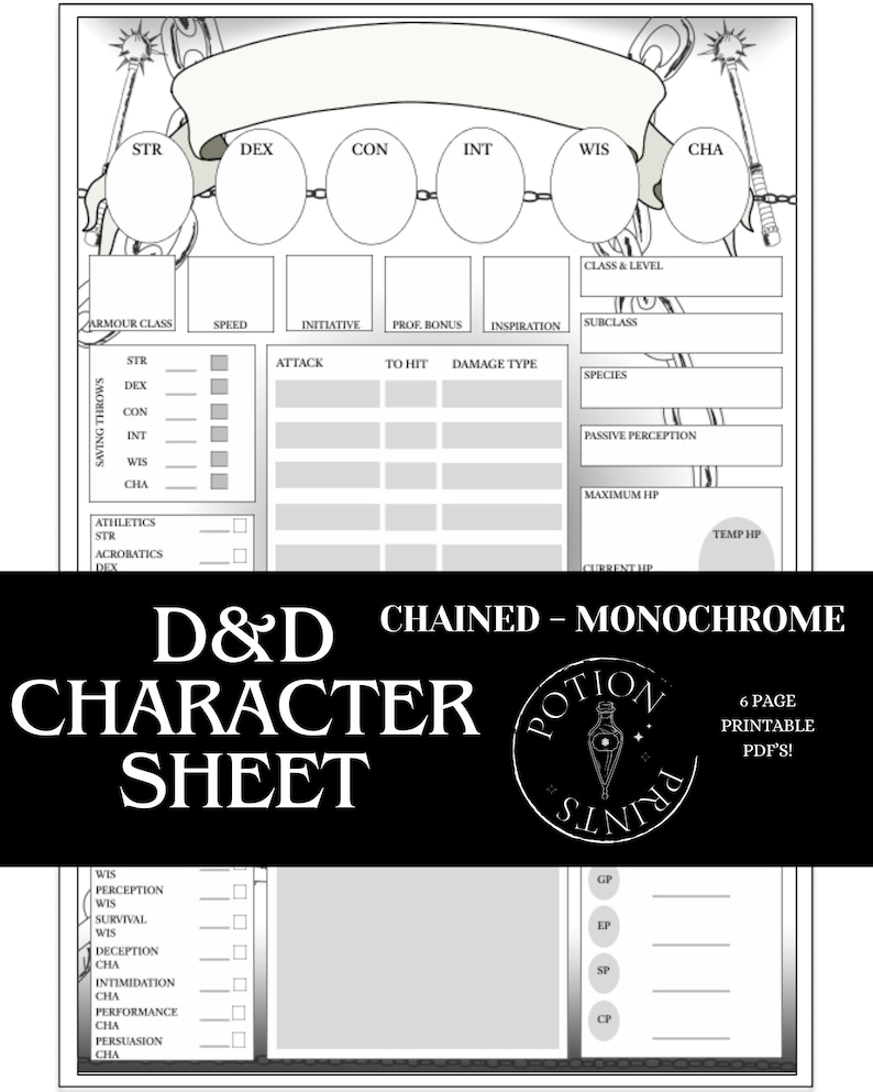 Monochrome Dnd Character Sheet Printable – Black Chains Themed Dungeons ...