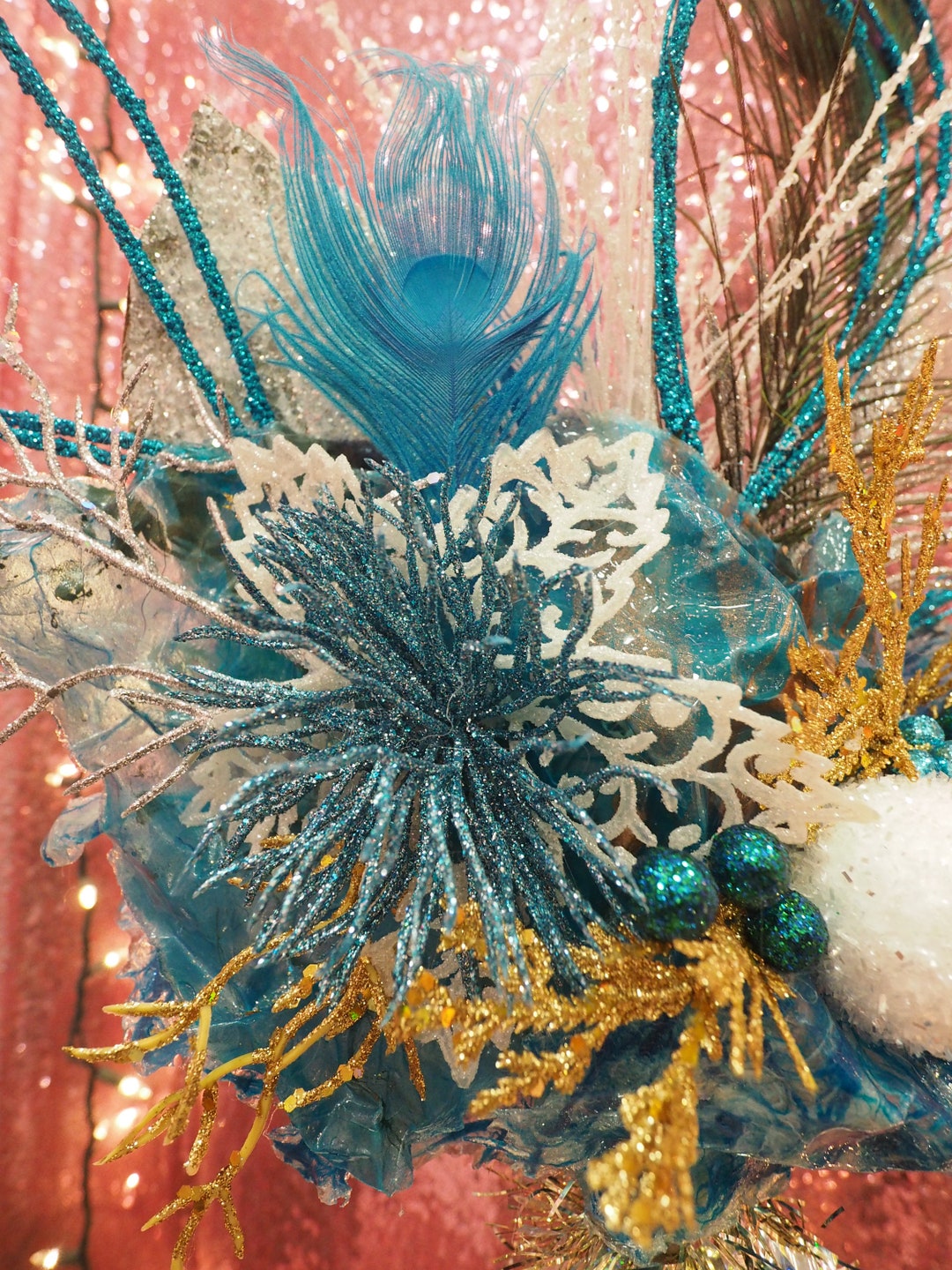 Luxury Holiday Tree Topper / Centerpiece Teal White & Gold - Etsy