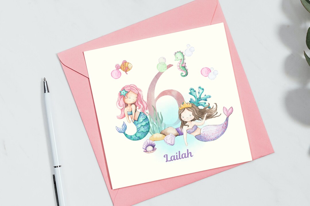 MERMAID Age Birthday Card/ Mermaid Card With Name and Age/personalised ...