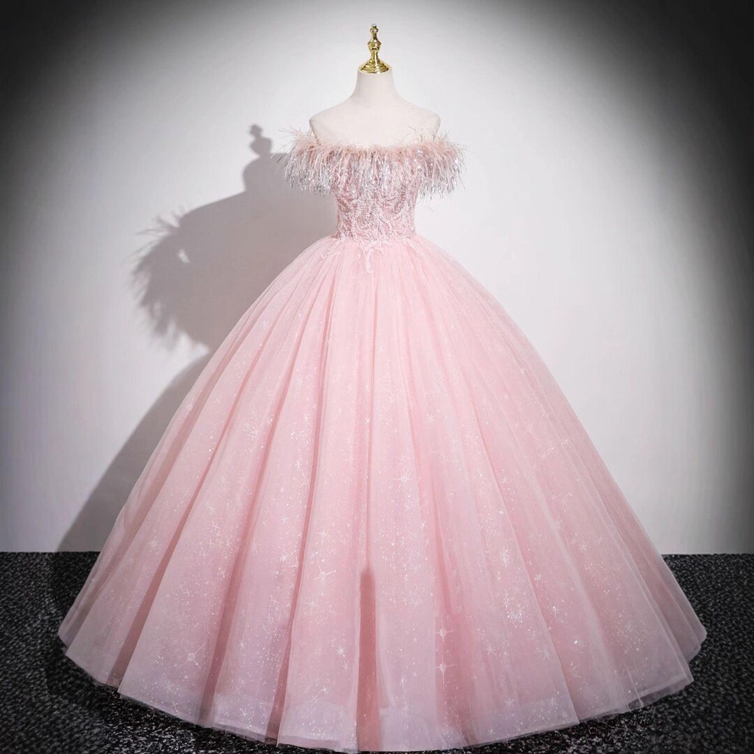 Fairy Pink Feather Tulle Ball Gown,wedding Ball Gown,graduation Gown ...