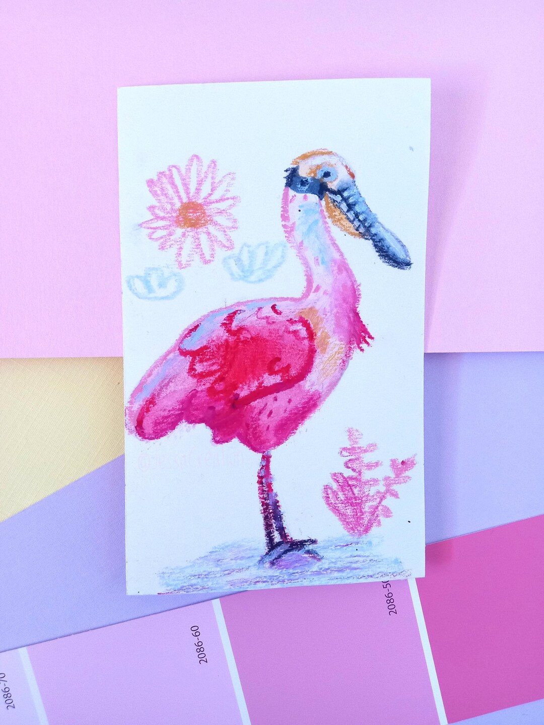 Roseate Spoonbill Original 3x5" Mini Illustration/mixed Media Unframed ...