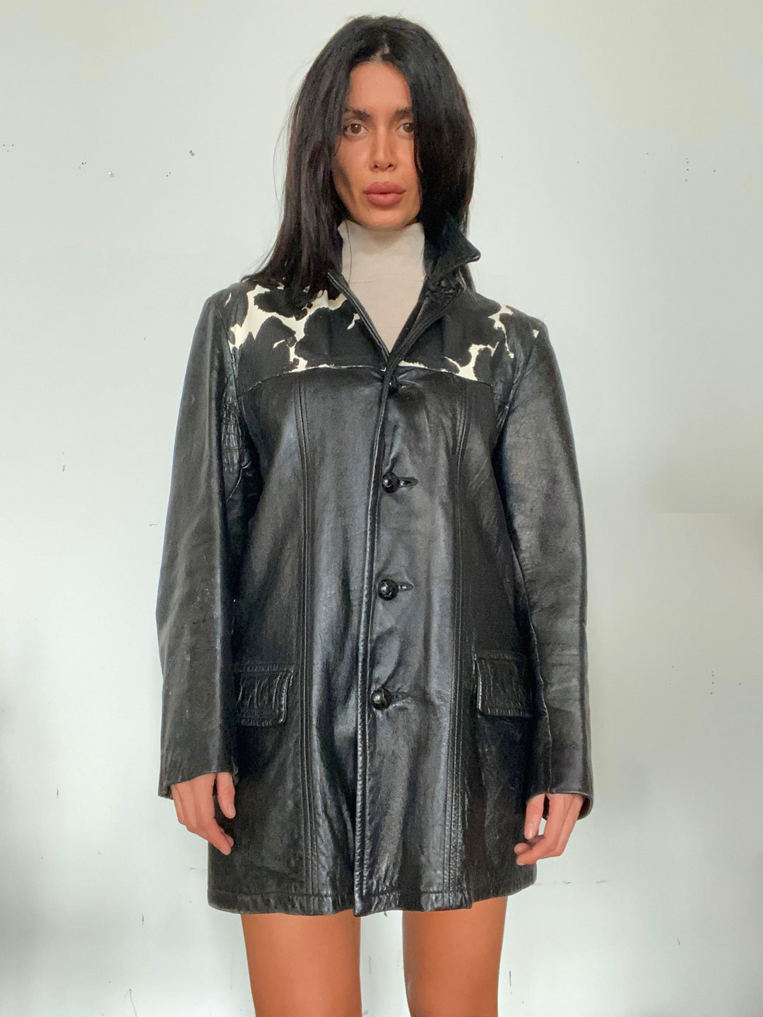 Vintage Leather Jacket With Hand Painted Cow Print Detail - Etsy
