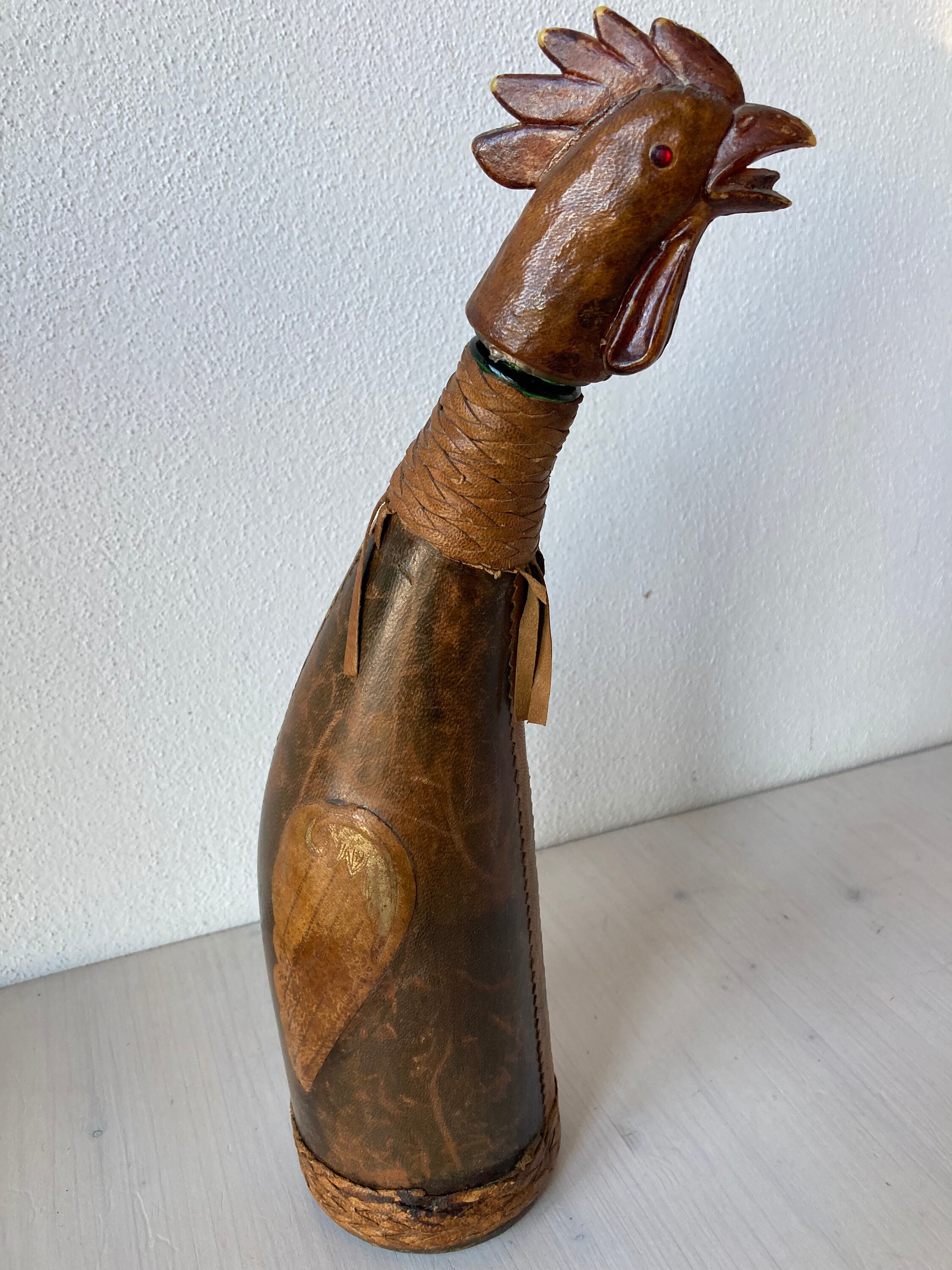 Vintage Rooster Bottle Blown Glass Leather Covered Mid-century | Etsy