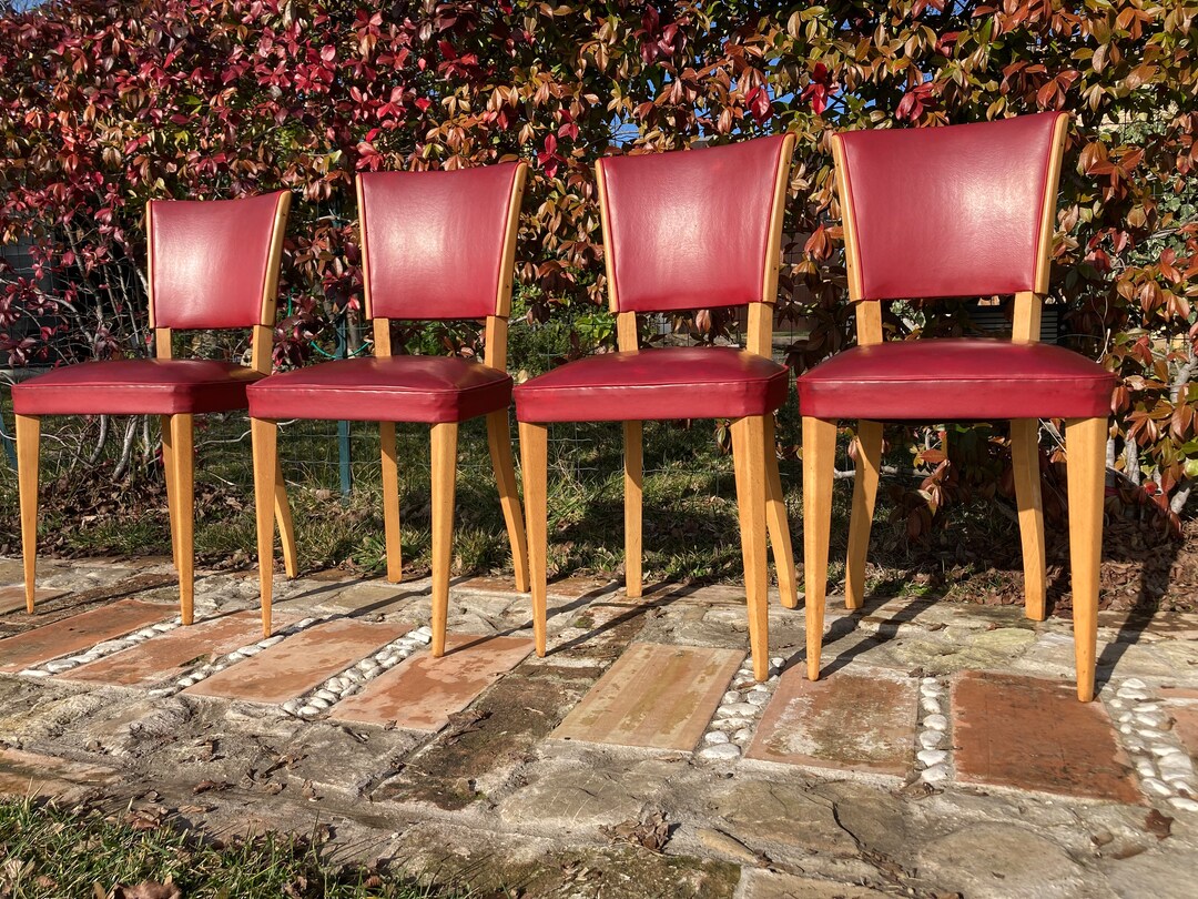 Vintage Chairs Set of 4 Red Leather Original From 40s Beech Wood - Etsy
