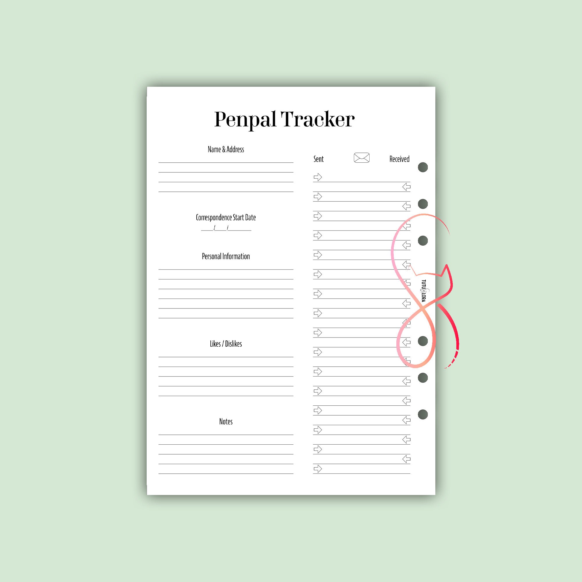 A5 Ring Planner Penpal Tracker Insert Printable Penpal Organizer for ...