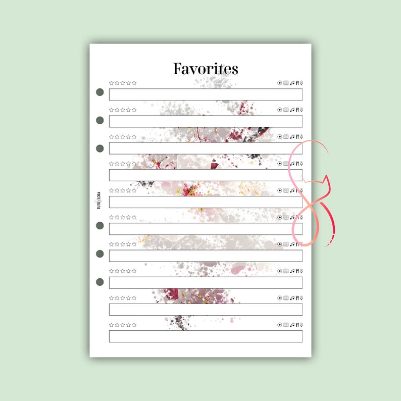 Favorites Tracker Insert for A5 Size Ring Bound Planner, A5 Size ...