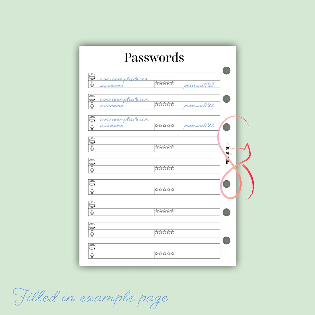 A6 Ring-bound Password Tracker Insert - Printable Password Organizer ...