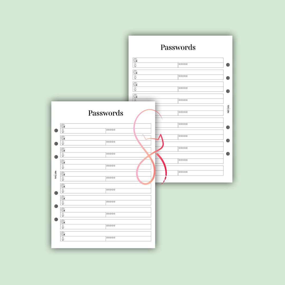Digital A5 Password Tracker Insert Printable Password Organizer for A5 ...