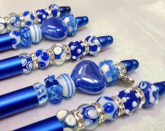 Blue Ice Beaded Pens Guest Book Bridal Registry Boho Pen Fancy Glass ...