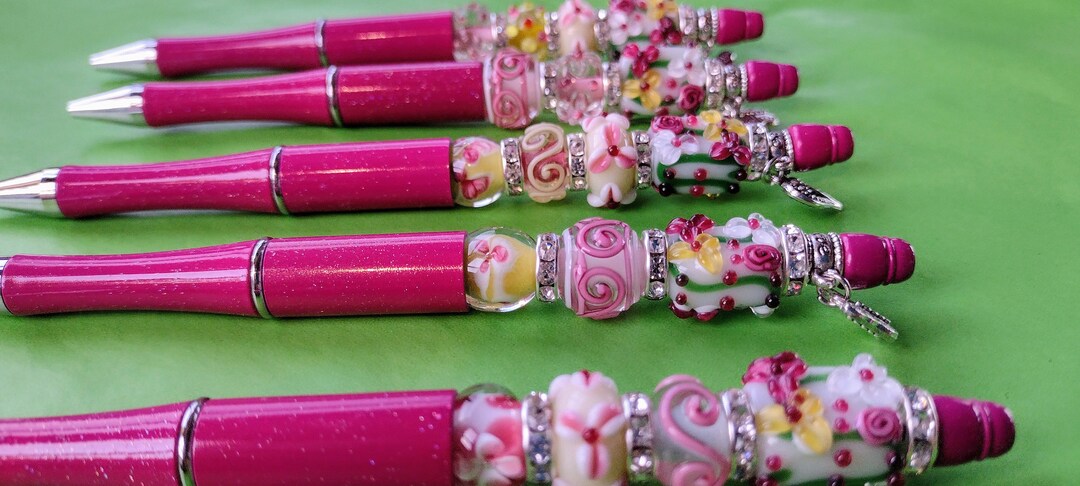 Pink Floral Beaded Pens Guest Book Bridal Registry Pen Fancy Glass Bead ...