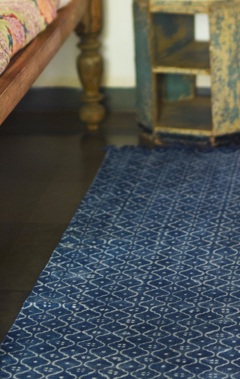 Handmade Long Indigo Rug Block Printed Cotton. - Etsy