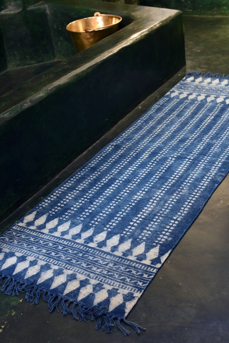 Indigo Block Printed Handmade Cotton Runner Rug / Handmade - Etsy
