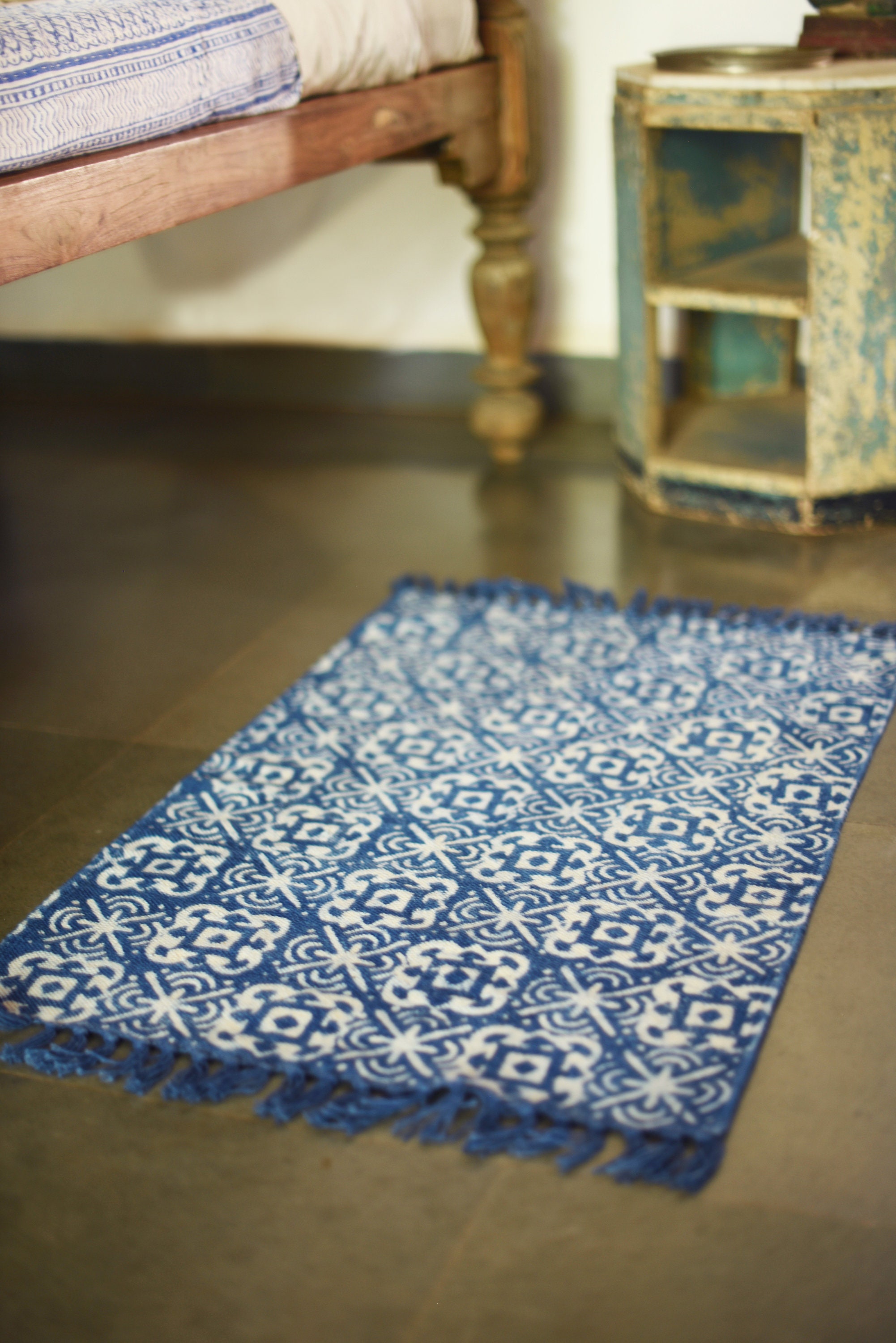 Indigo Block Printed Handmade Cotton Rug / Handmade Rugs / | Etsy