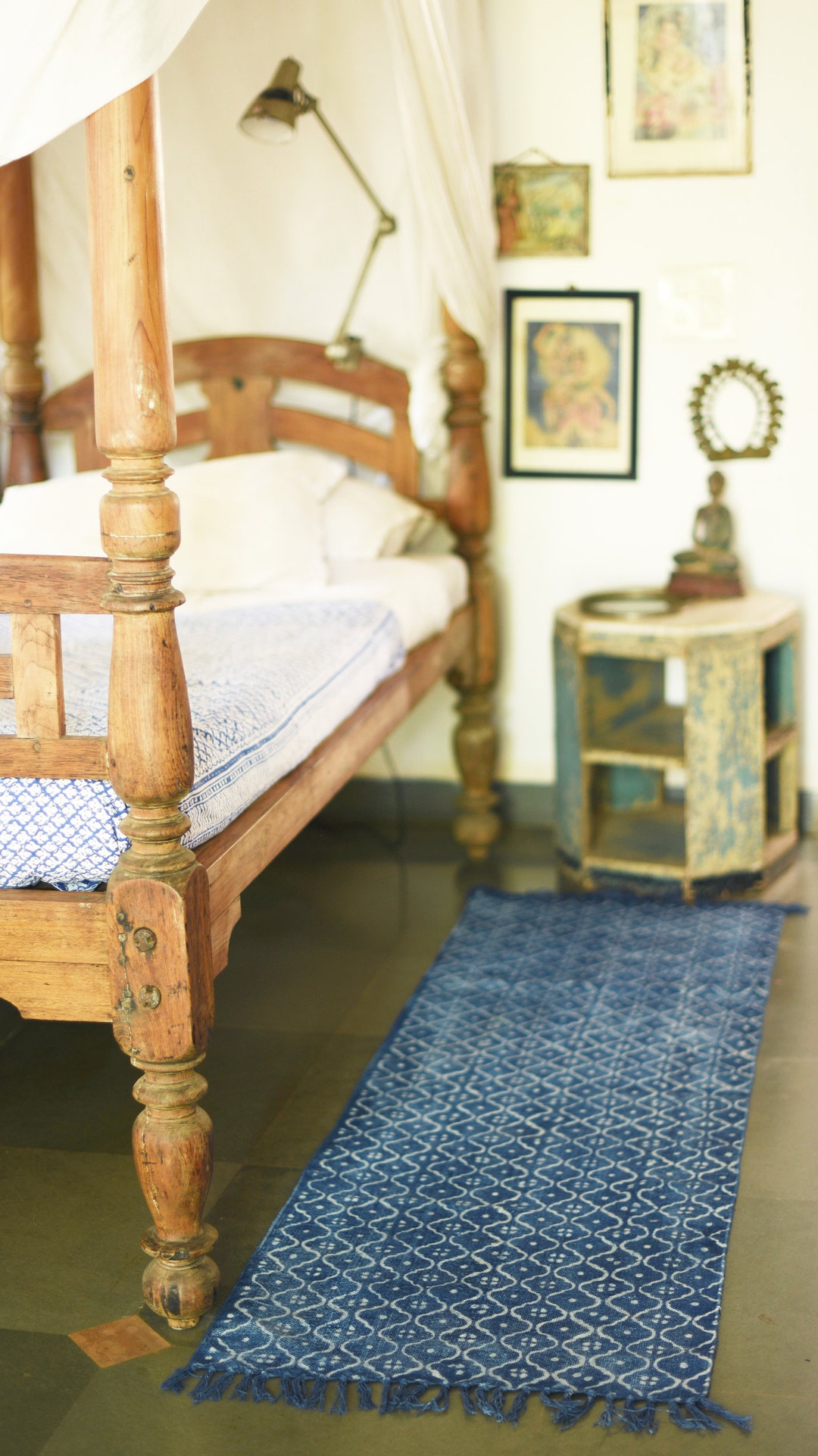 Handmade Long Indigo Rug, Block Printed Cotton. - Etsy