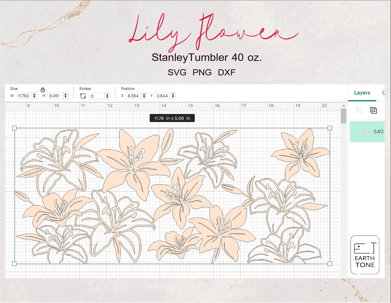 Lily Flower Tumbler Wrap: 40oz Cup Laser Engraving (SVG, PNG, DXF File ...