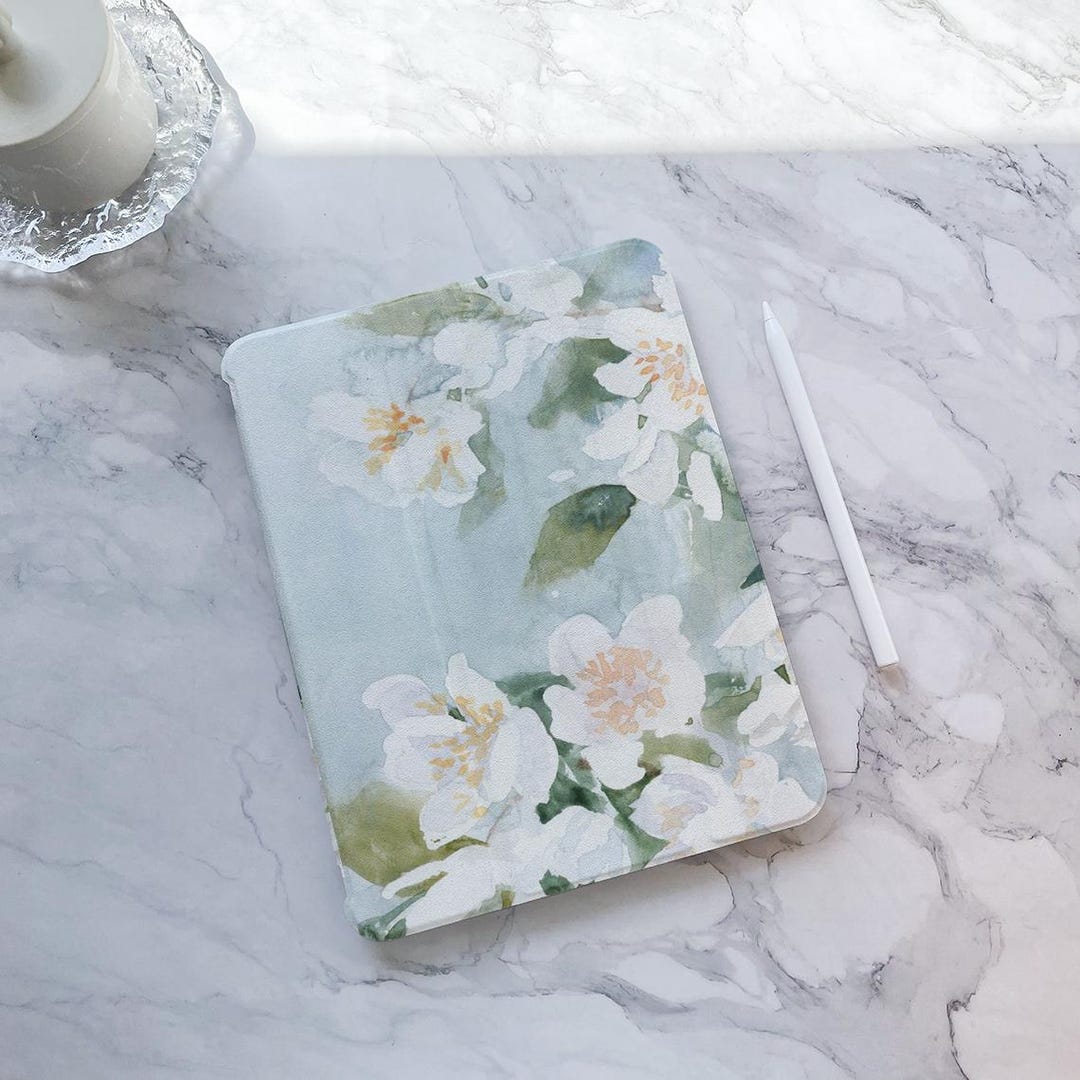 White Flower Painting iPad Case: PU Leather, Magnetic Close - Etsy