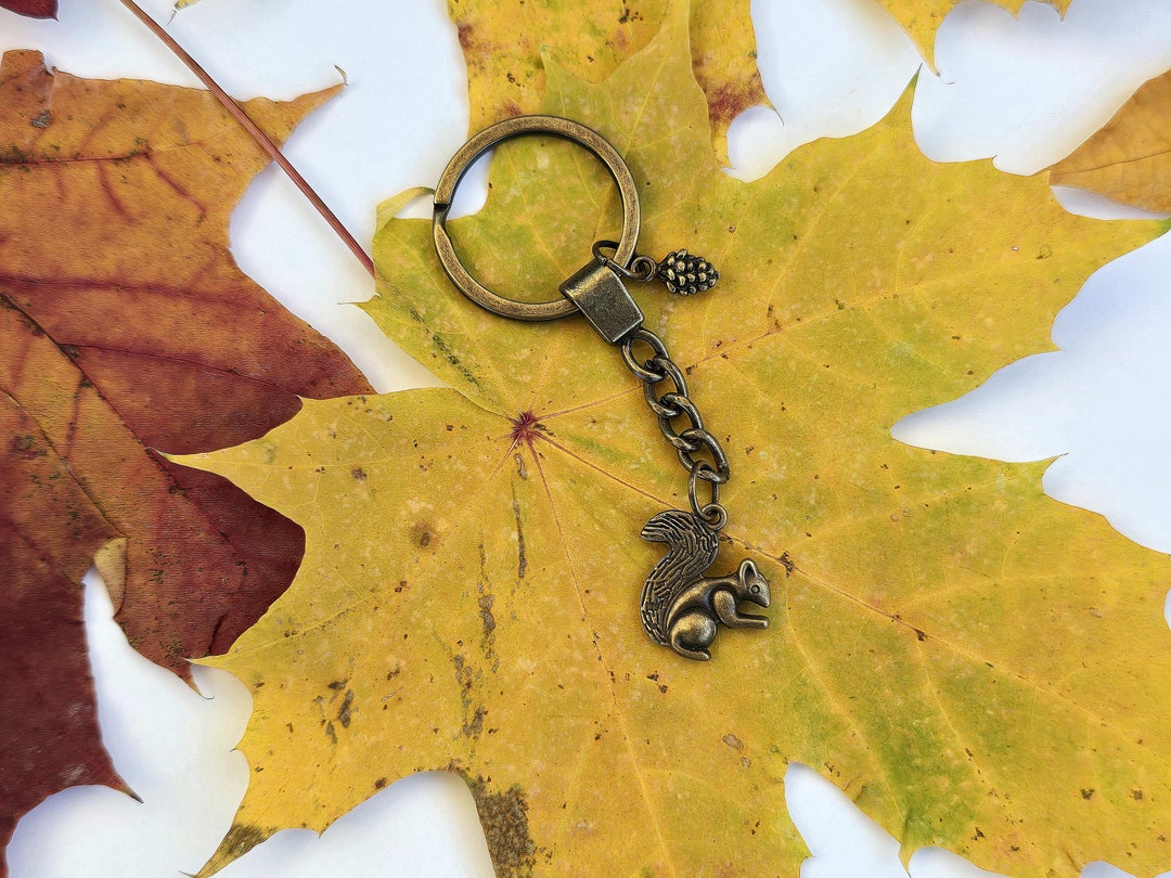 Squirrel Keychain, Animal Keyring, Fall Autumn Keychain, Acorn Maple ...