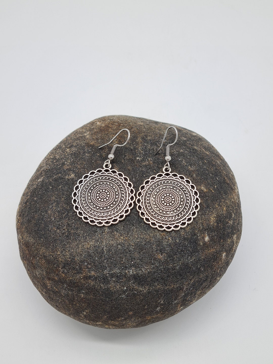 Bohemian Silver Mandala Hoop Earrings, Ethnic Bohemian Earrings ...