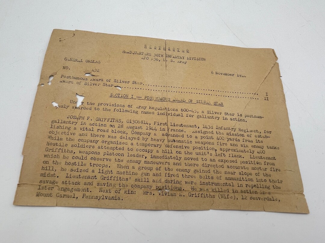 Original American Paperwork, World War Two, Silver Star Citation, 36th ...